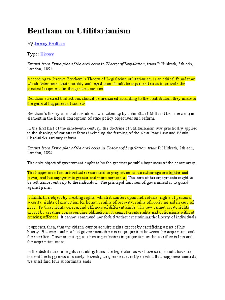 Bentham On Utilitarianism | PDF | Utilitarianism | Rights