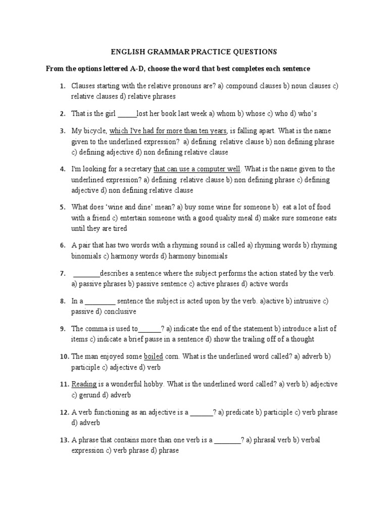 English Grammar Practice Questions | PDF | Verb | English Grammar