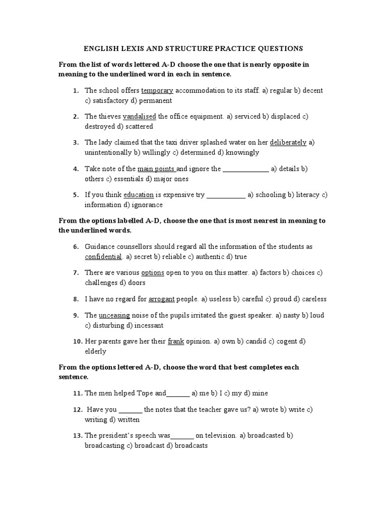 Lexis and Structure Practice Questions | PDF | Teachers | Behavior ...