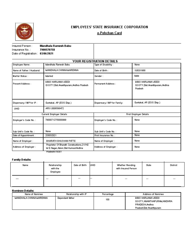 Employees' State Insurance Corporation E-Pehchan Card: Insured Person ...