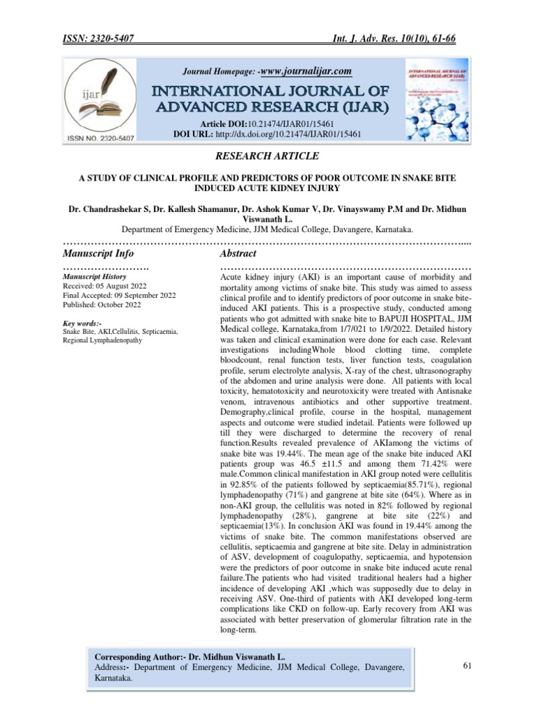 A Study of Clinical Profile and Predictors of Poor Outcome in Snake ...