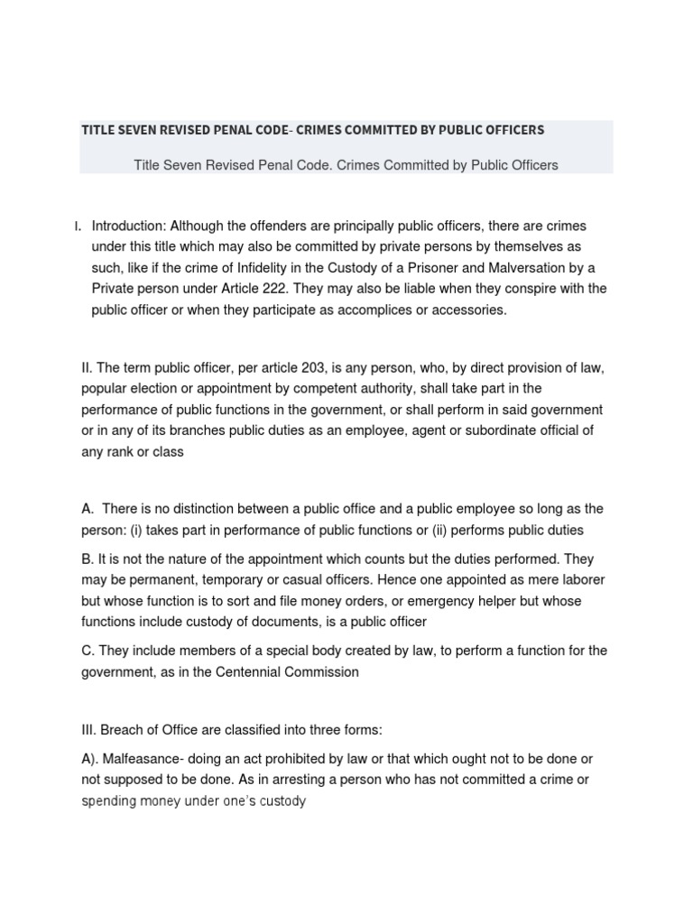 Title Seven Revised Penal Code. Crimes Committed by Public Officers | PDF | Bribery | Crimes