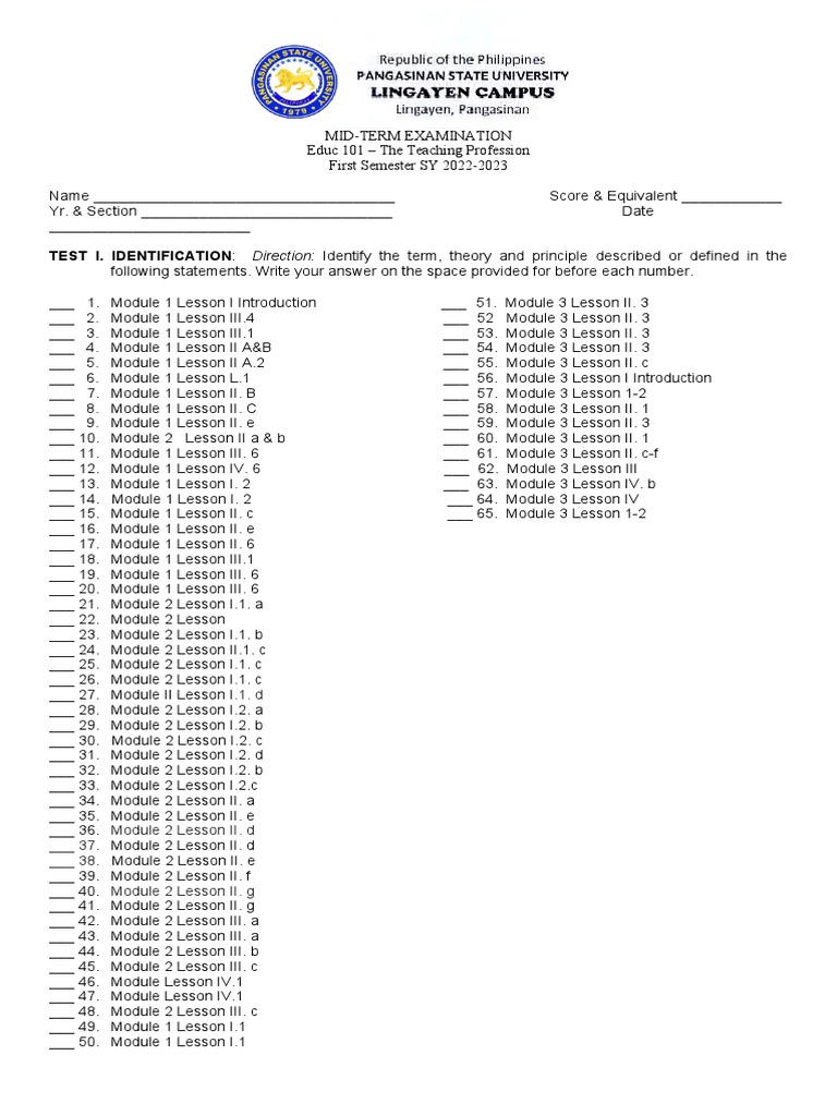 Educ 101 Mid-Term Exam Identification Terms | PDF | Qualifications | Tests
