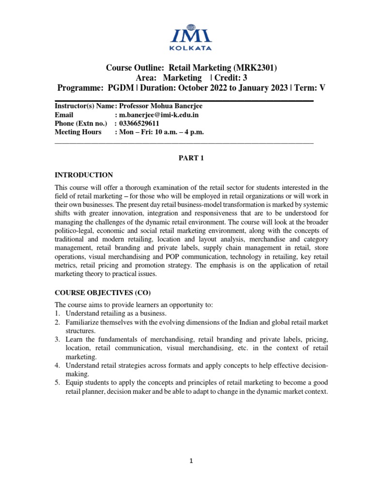 Course Outline - Retail Marketing | PDF | Retail | Brand