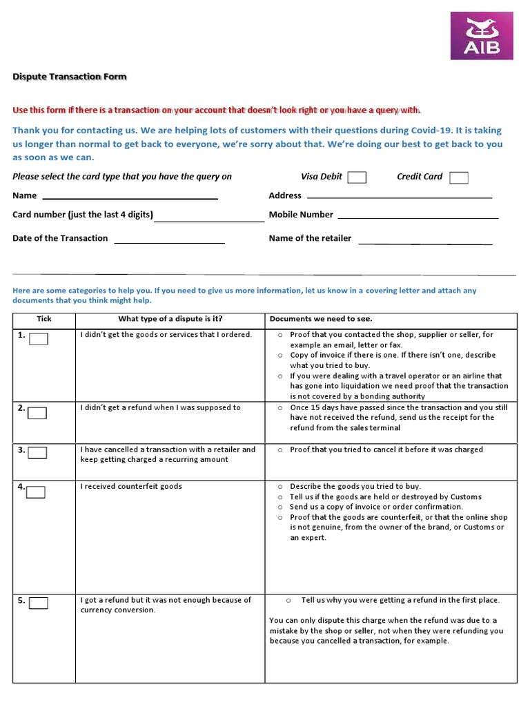 Dispute Transaction Form | PDF