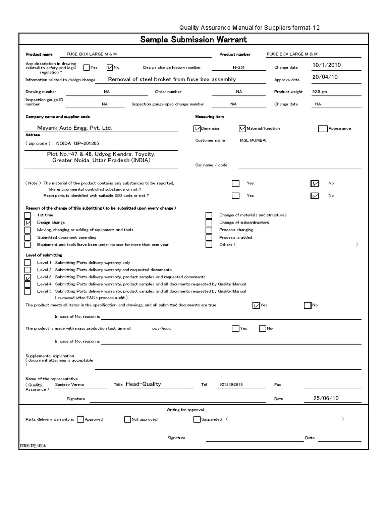 Sample Submission Warrant: Quality Assurance Manual For Suppliers ...