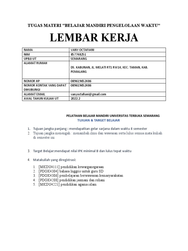Rencana Belajar Mandiri Mahasiswa UT | PDF