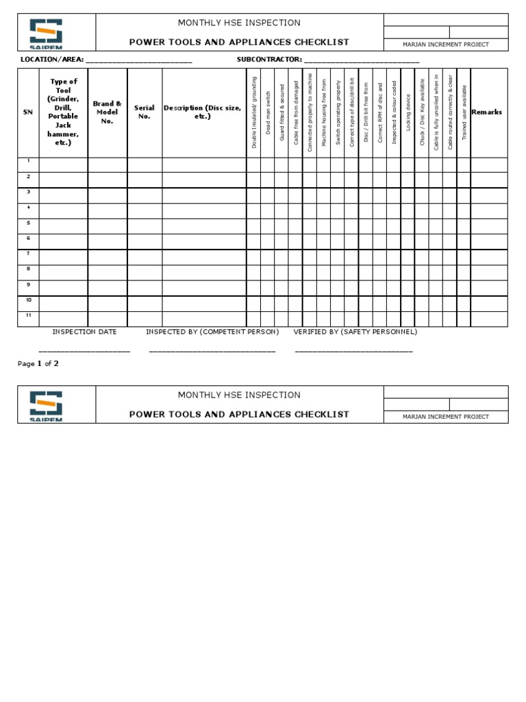 Power Tools - Montly HSE Inspection Checklist | PDF | Drill ...