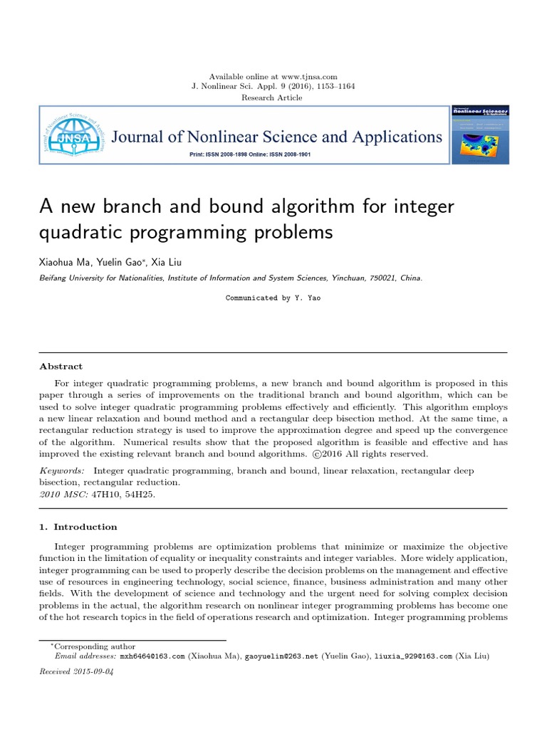 A New Branch and Bound Algorithm For Integer Quadratic Programming-2016 | PDF | Matrix ...
