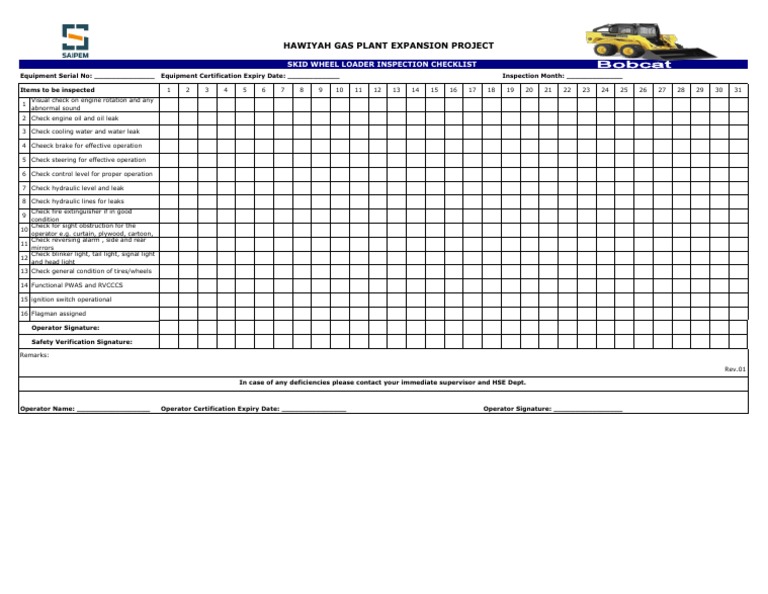Skid Wheel Loader Daily Checklist | PDF