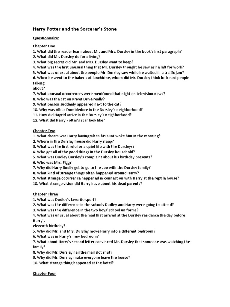 Harry Potter and The Philosopher's Stone Questionnaire | PDF | Fantasy ...