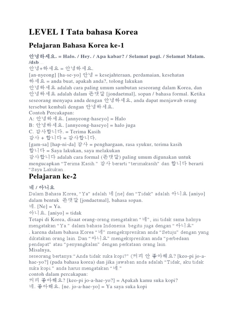 LEVEL I Tata Bahasa Korea Bab 1-10 | PDF