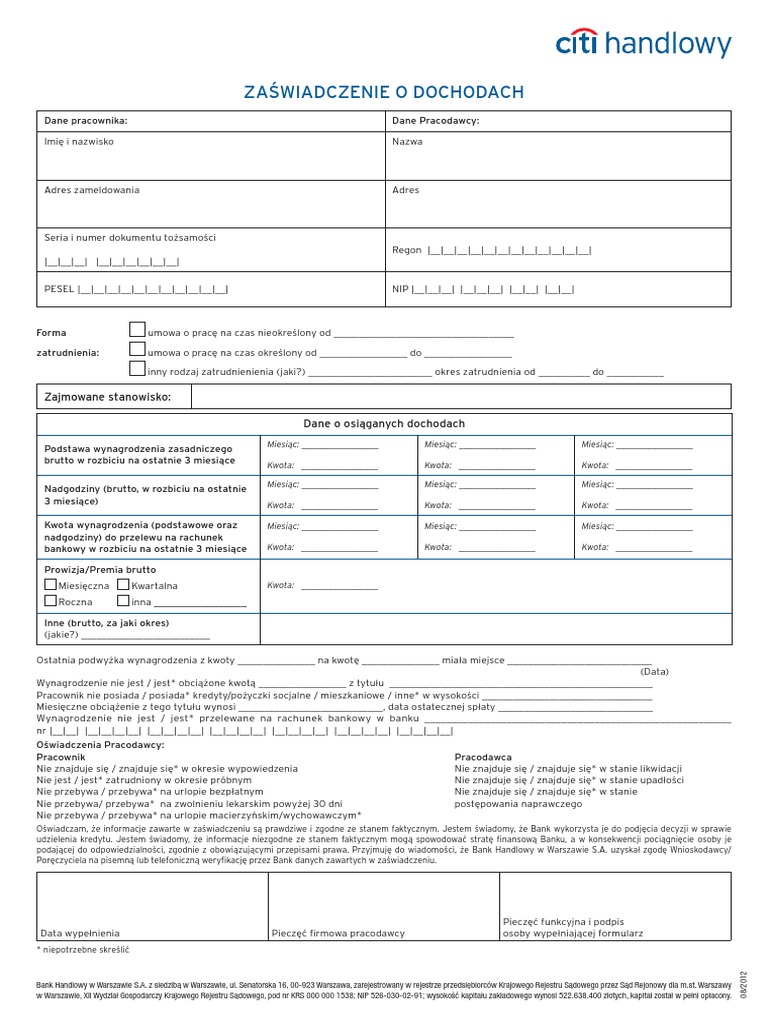 Citi Zaswiadczenie o Dochodach | PDF