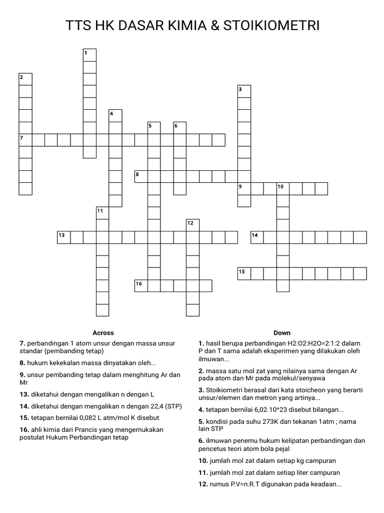TTS HK DASAR KIMIA & STOIKIOMETRI - Crossword Labs | PDF