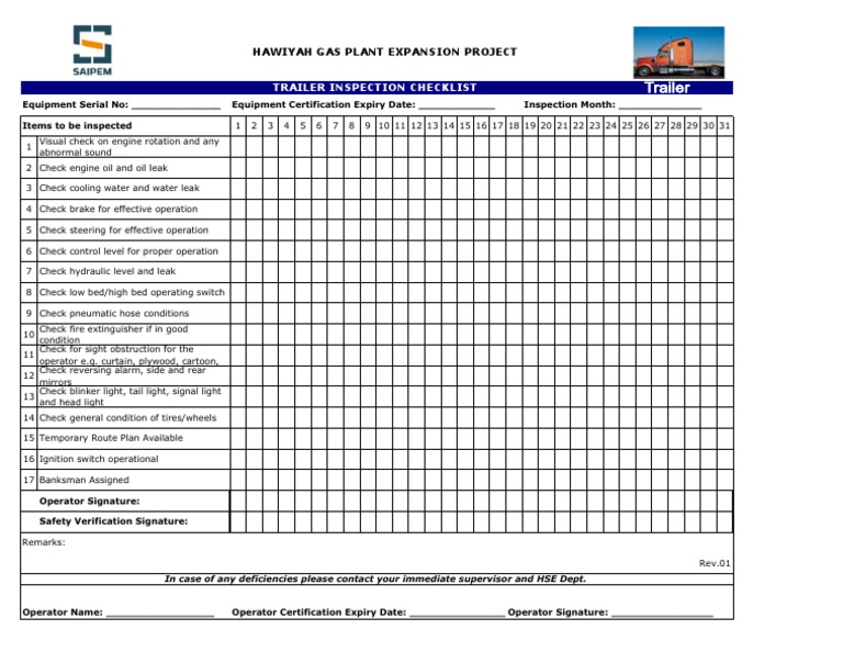 Trailer Inspection Checklist Template | PDF