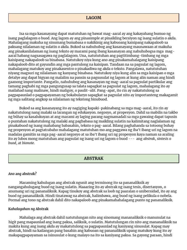 Dagdag Na Lektura Sa Mga Lagom - Abstrak, Buod, at Bionote | PDF