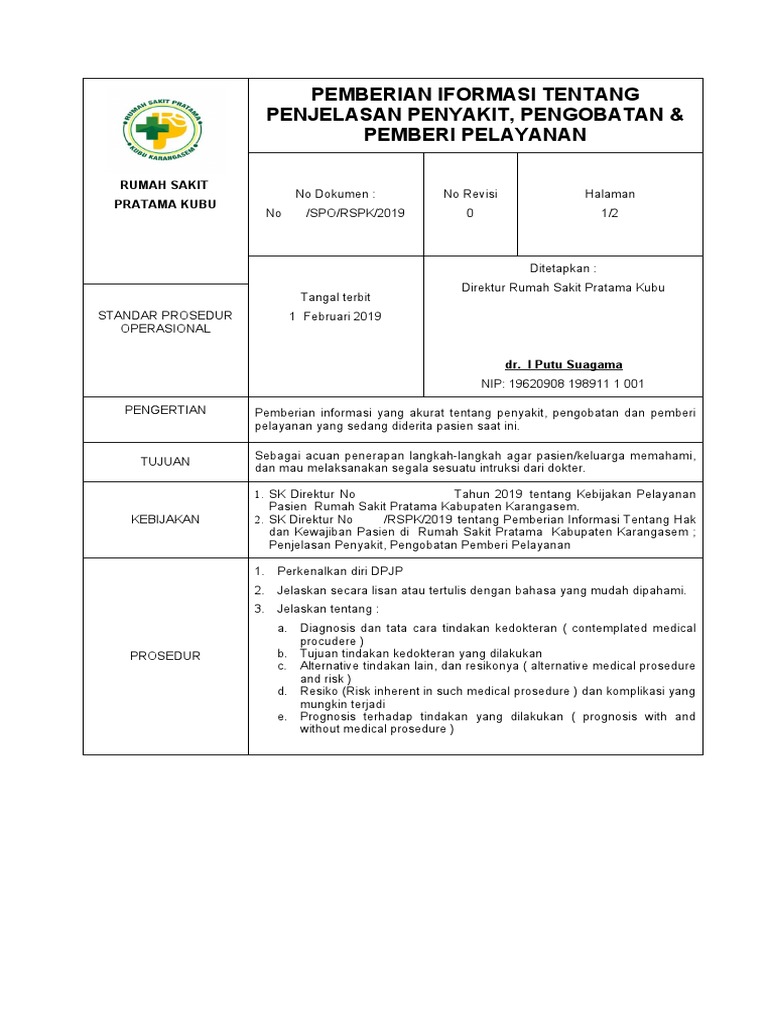 HPK 2.1.2. SPO Penjelasan Penyakit, Pengobatan Da Pemberi Pelayanan | PDF