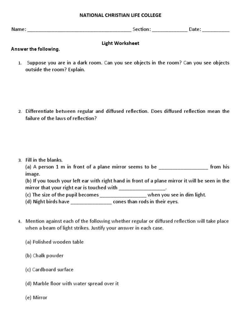 Light Worksheet | PDF