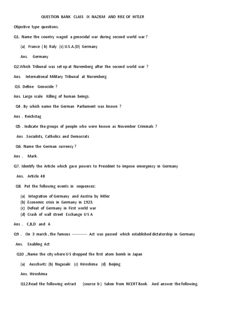 Class IX Nazism & Hitler Quiz | PDF | Nazi Germany | Adolf Hitler