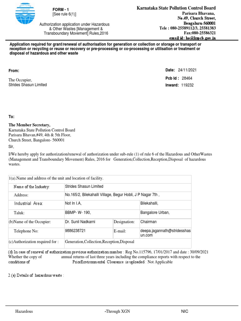 Karnataka State Pollution Control Board Authorization Form | PDF ...