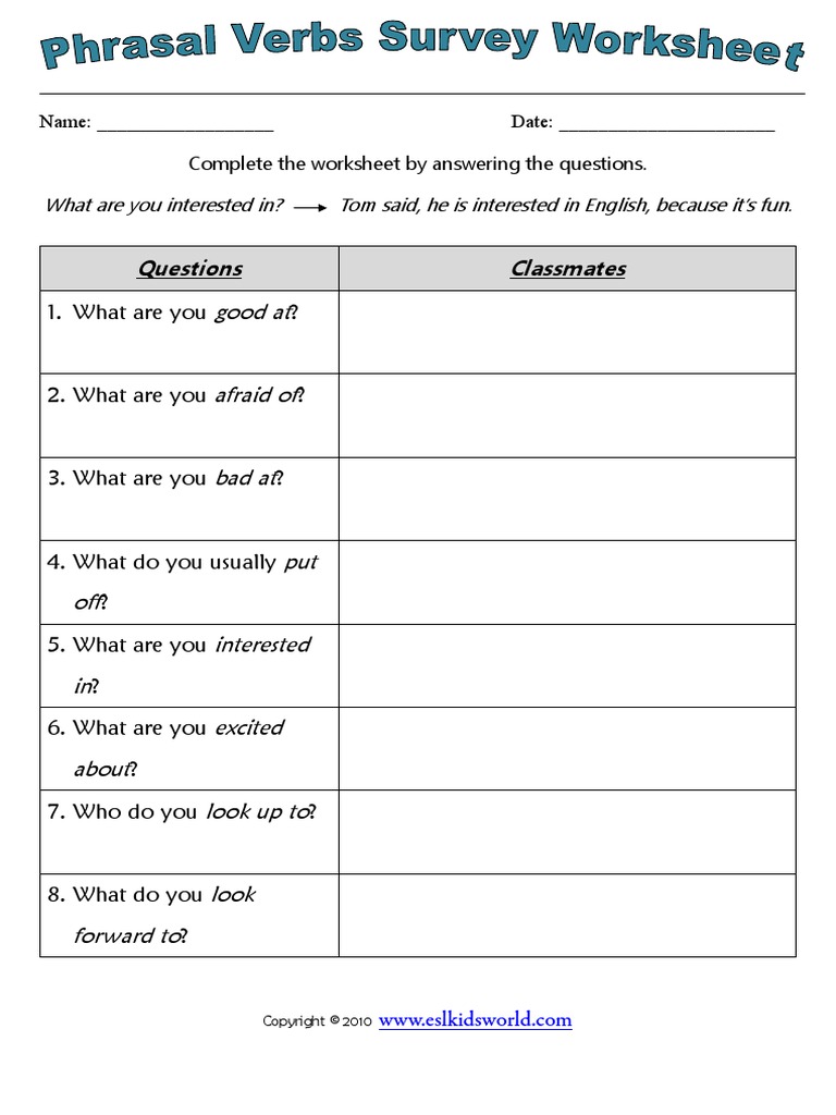 Phrasal Verbs Survey Worksheet | PDF