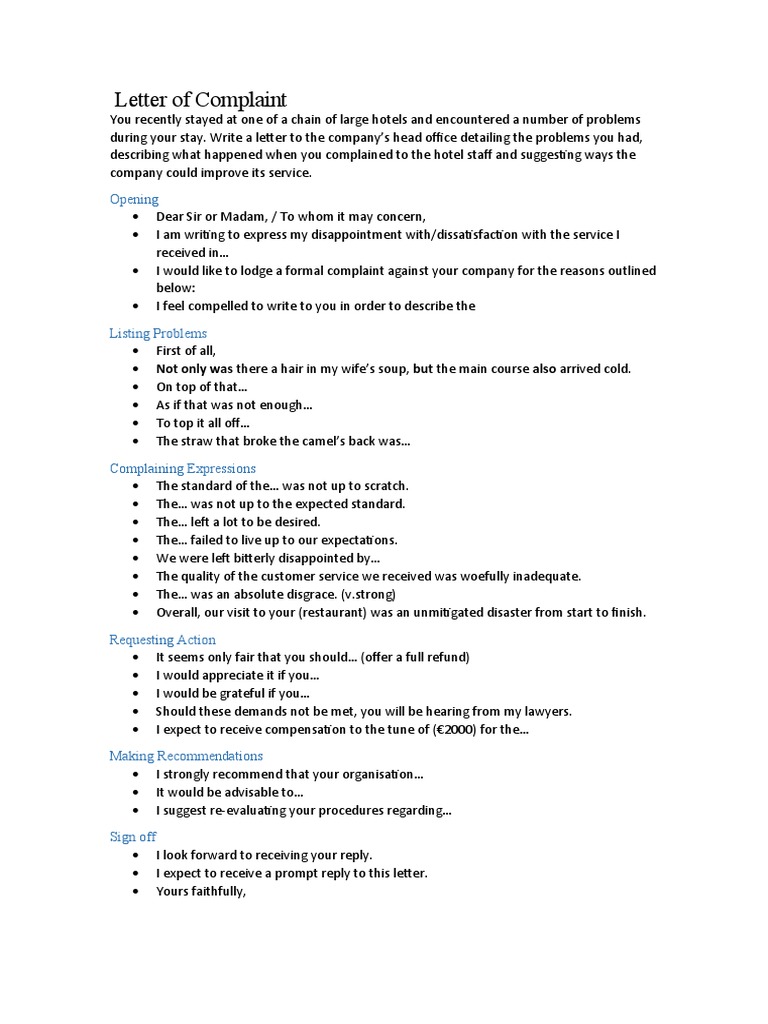 Letter of Complaint Phrase Sheet | PDF