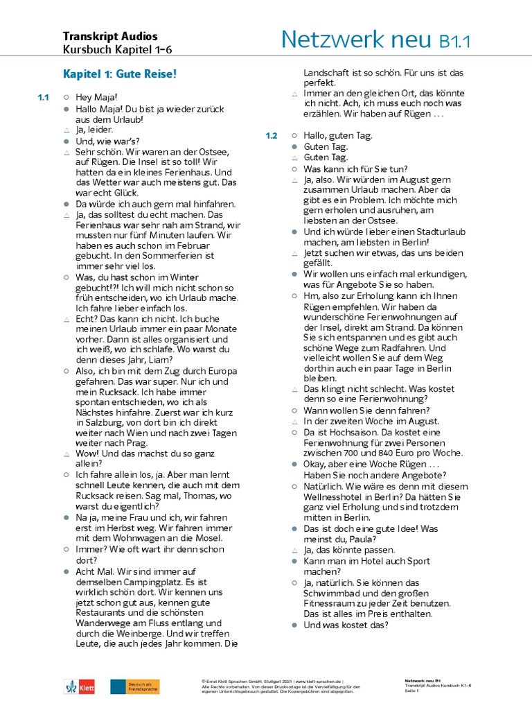 Netzwerk Neu B1. Transkript Audios Kursbuch Kapitel 1 6. Kapitel 1 - Gute Reise! | PDF