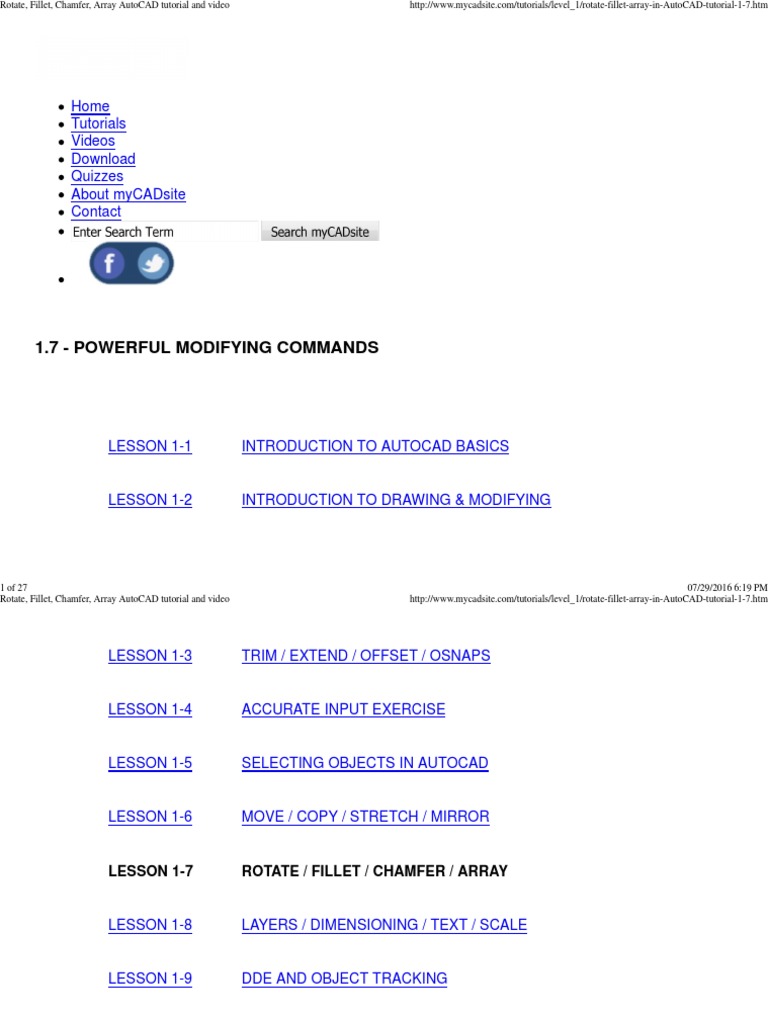Rotate, Fillet, Chamfer, Array AutoCAD Tutorial and Video | PDF | Angle | Array Data Structure