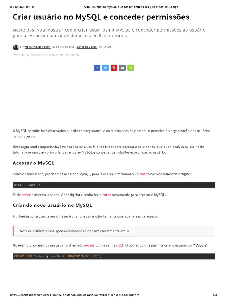 Criar Usuário No MySQL e Conceder Permissões - Receitas de Código | PDF ...