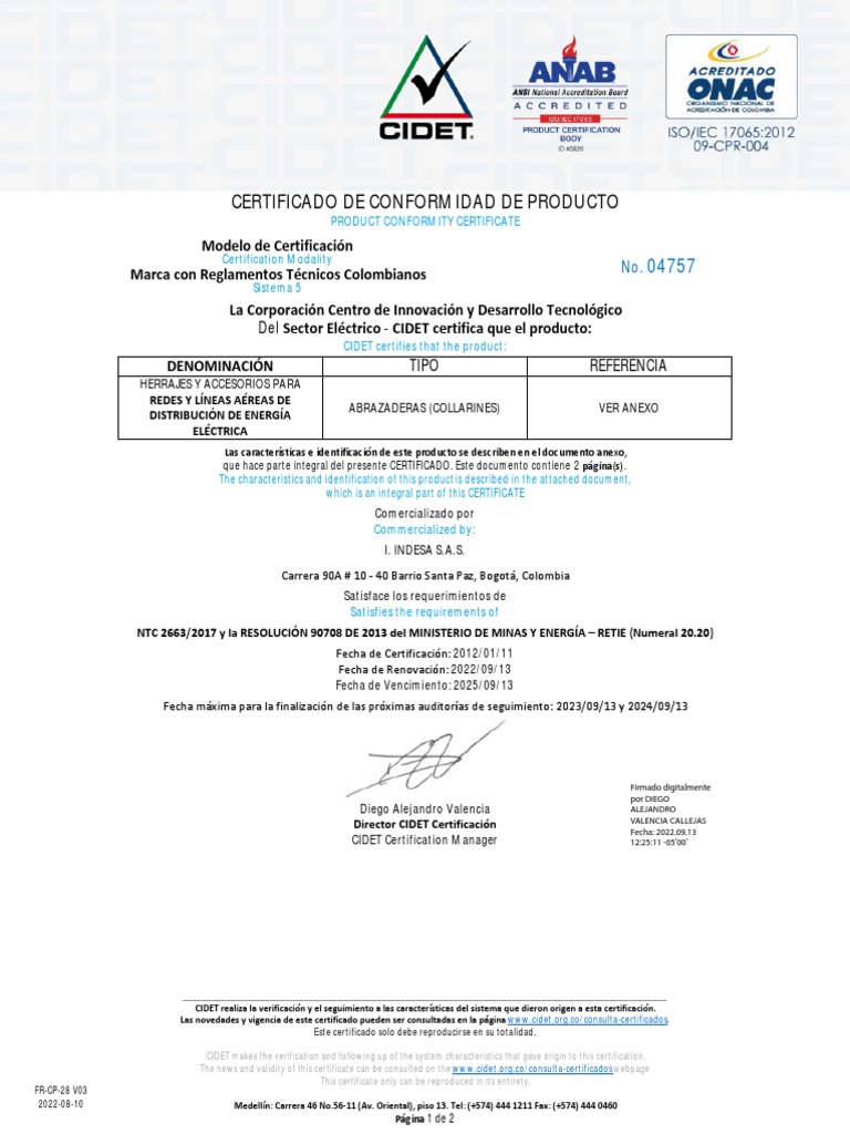 Certificado de Calidad para Collarines | PDF