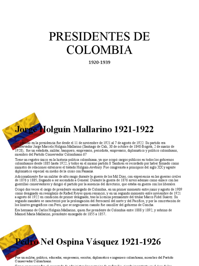 Presidentes de Colombia 1920-1939 | PDF | Gobierno