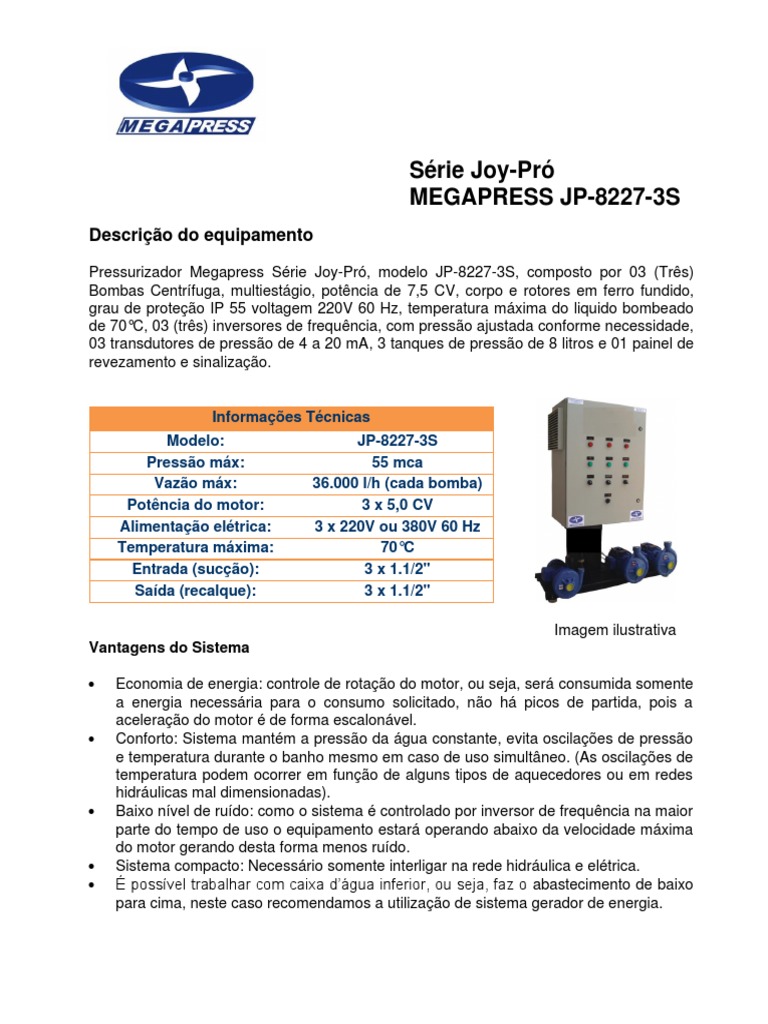 Sistema de Pressurização de Água Megapress Série Joy-Pró JP-8227-3S ...