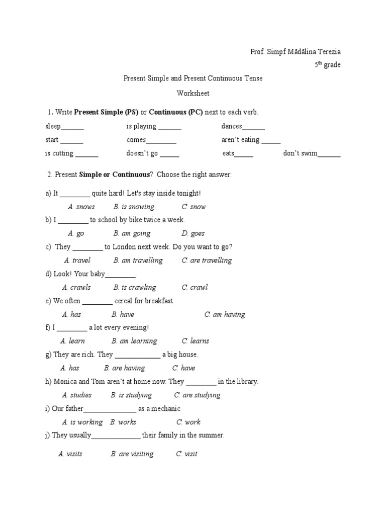 Present Simple vs. Continuous Worksheet | PDF