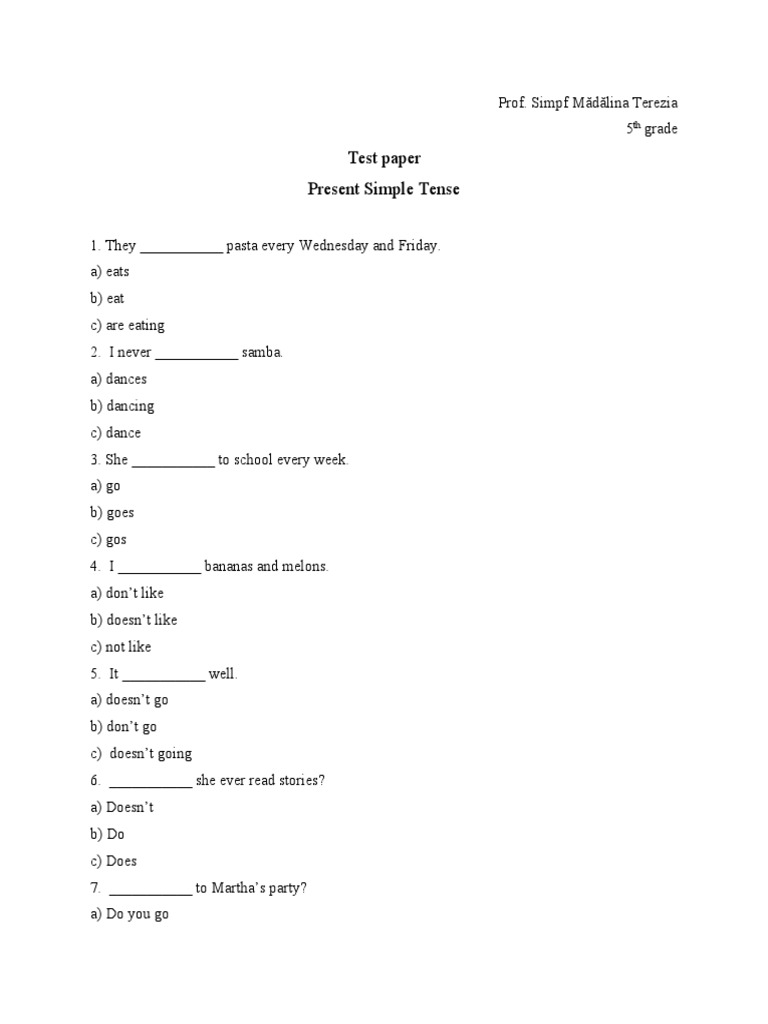 5th Grade Present Simple Test | PDF