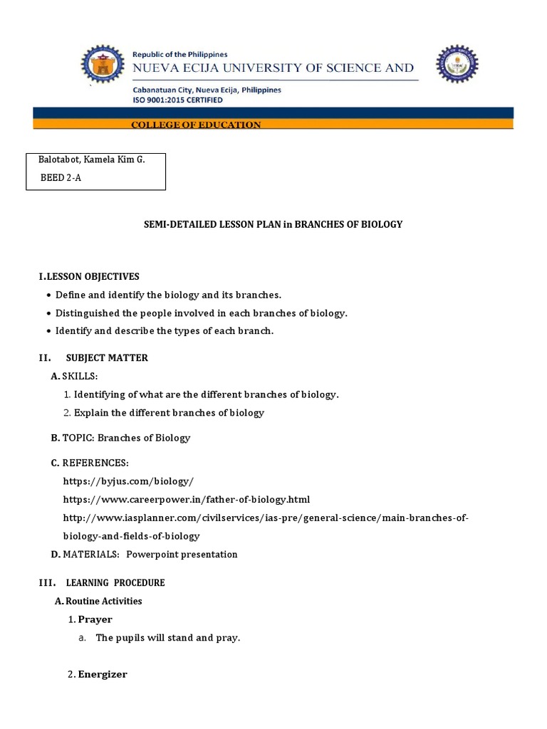 1.3 Branches of Biology Lesson Plan | PDF | Zoology | Ecosystem