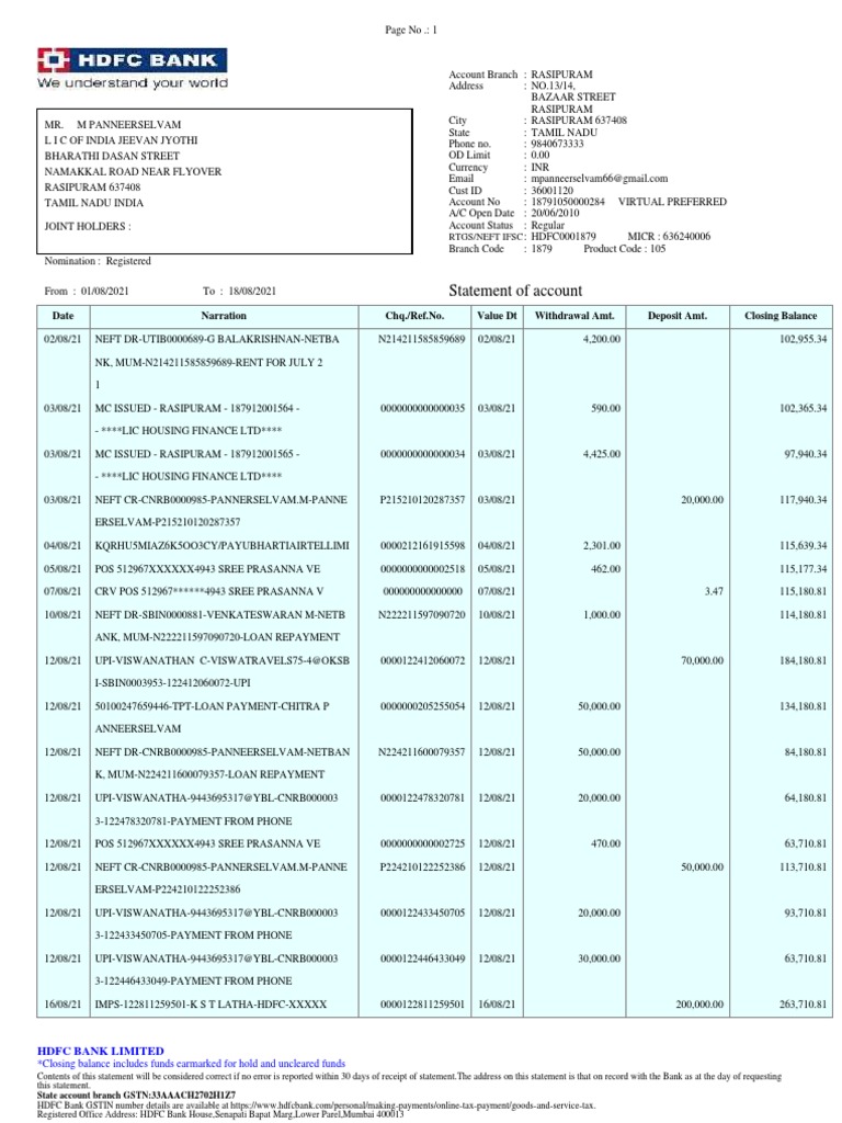 Statement of Account: Date Narration Chq./Ref - No. Value DT Withdrawal ...