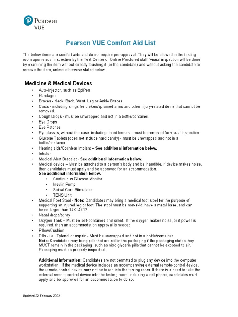 Pearson VUE Comfort Aid List 22february2022 | PDF | Equipment | Clinical Medicine