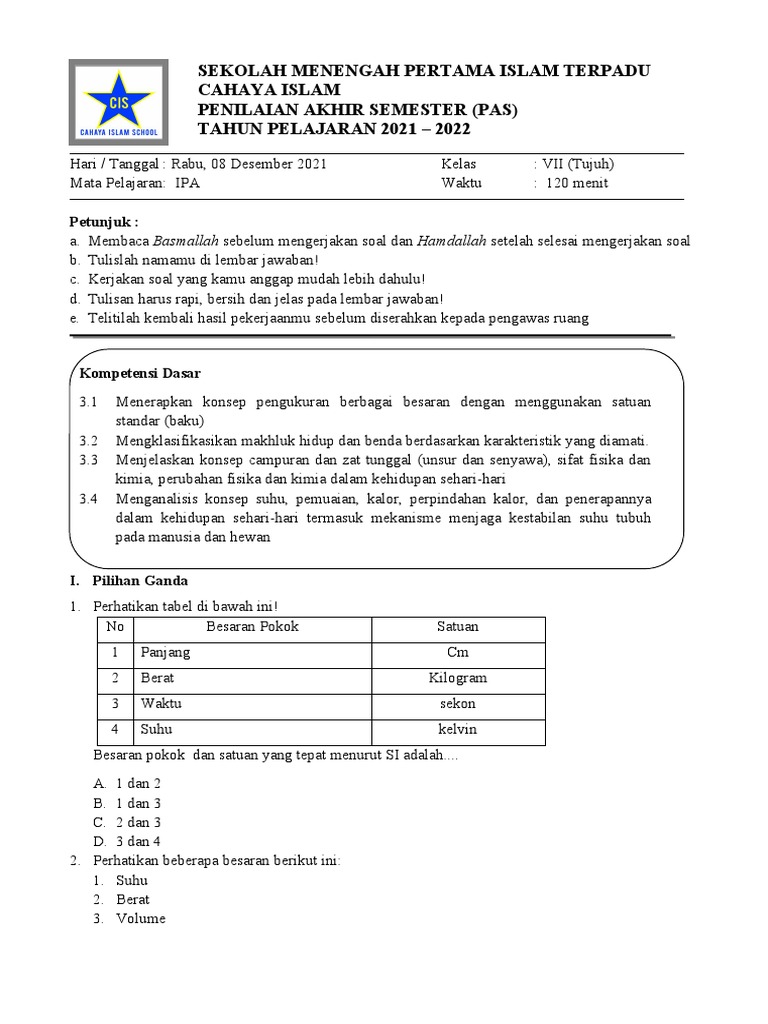 Soal Pas Ipa 7 | PDF | Kajian Bahasa Asing | Sains & Matematika
