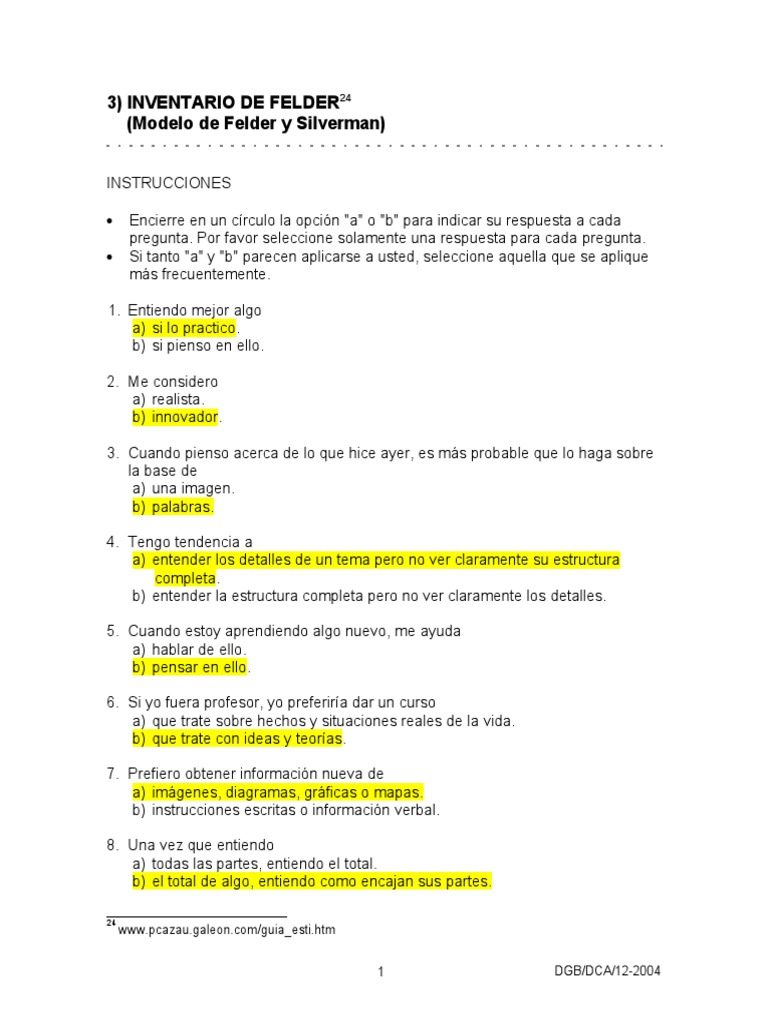 Test de Estilos de Aprendizaje de Felder Felder y Silverman | PDF