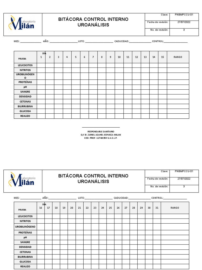 Bitácora Control Interno Uroanálisis | PDF | Especialidades Medicas | Medicina CLINICA