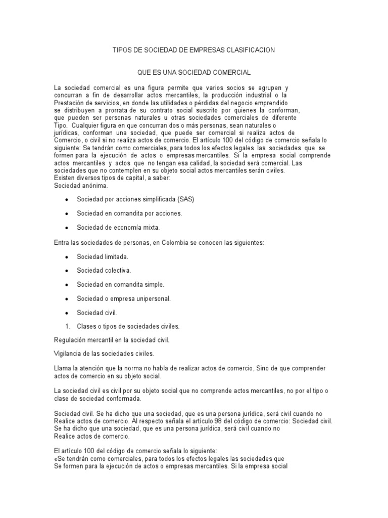 Tipos de Sociedad de Empresas Clasificacion | PDF | Sociedad de responsabilidad limitada | Sociedad