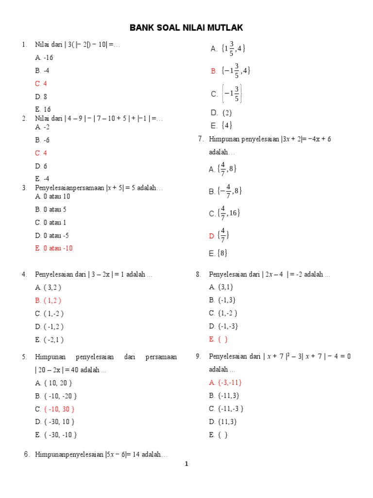 Bank Soal Nilai Mutlak Matematika | PDF