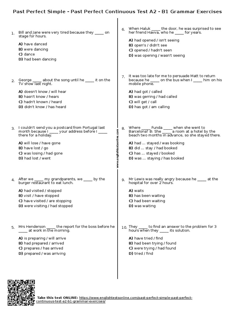 Past Perfect vs Continuous Test A2-B1 | PDF