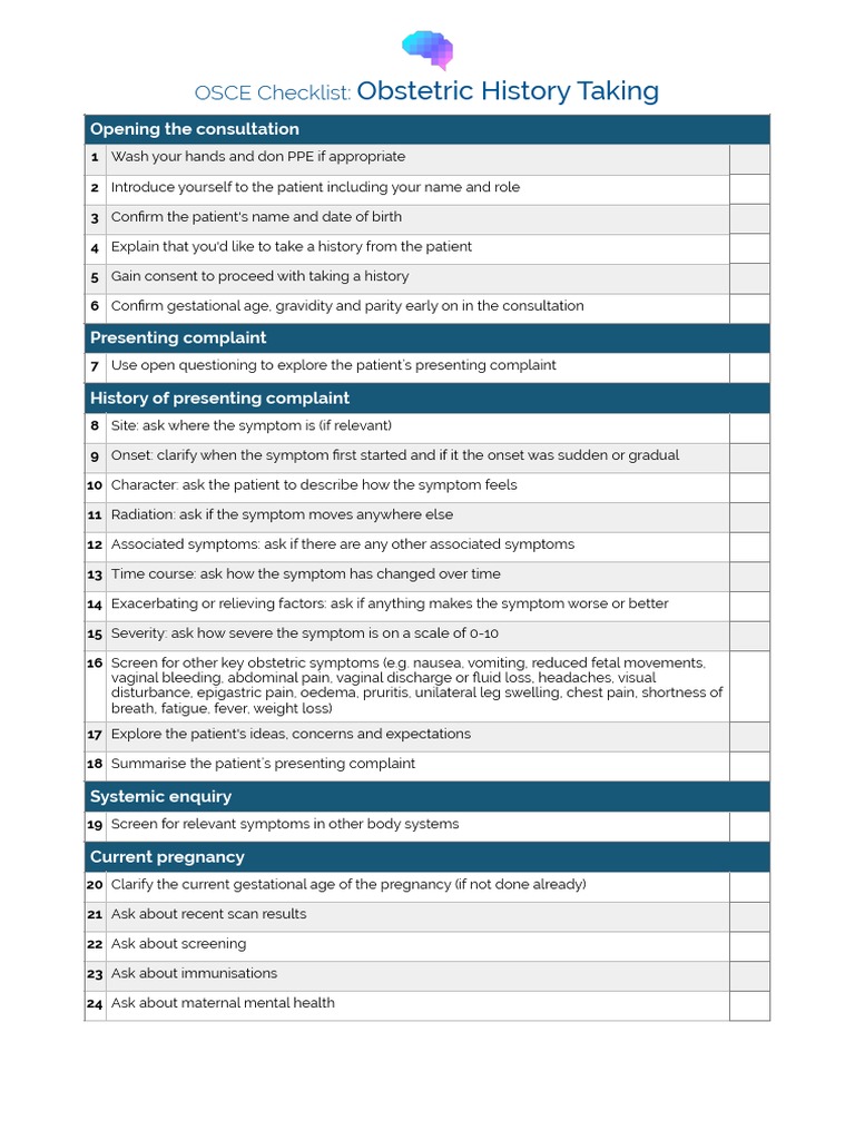OSCE Checklist Obstetric History Taking | PDF | Pregnancy | Childbirth