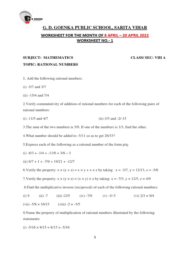 Worksheet - 1 - RATIONAL NUMBERS | PDF