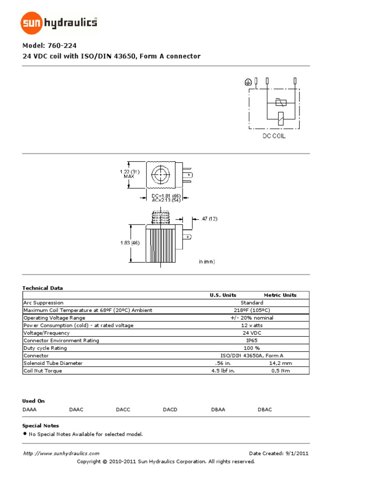 Model: 760-224 24 VDC Coil With ISO/DIN 43650, Form A Connector | PDF