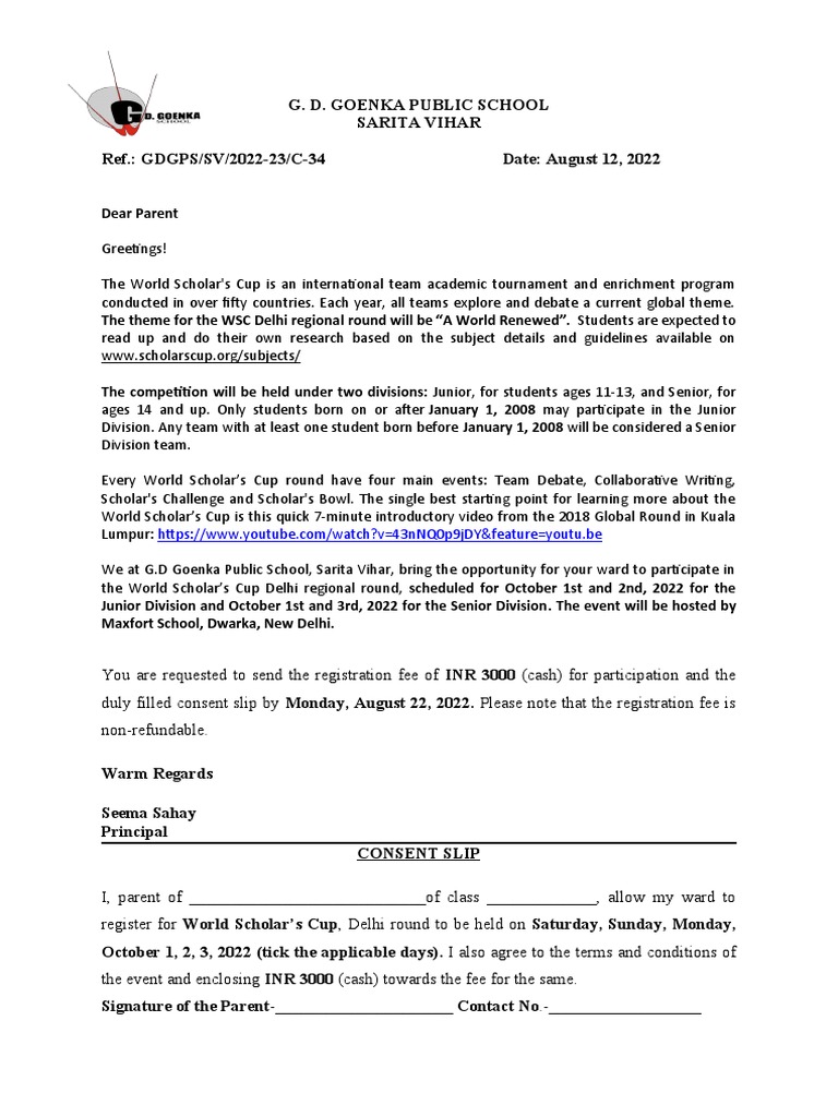 WSC Delhi Regional Round 2022 - Circular For Parents | PDF