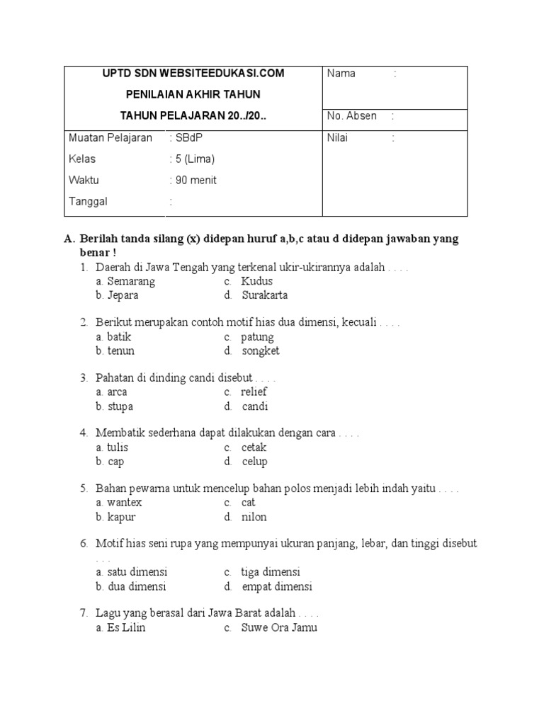 Soal PAT SBDP Kelas 5 | PDF | Griya & Taman | Seni