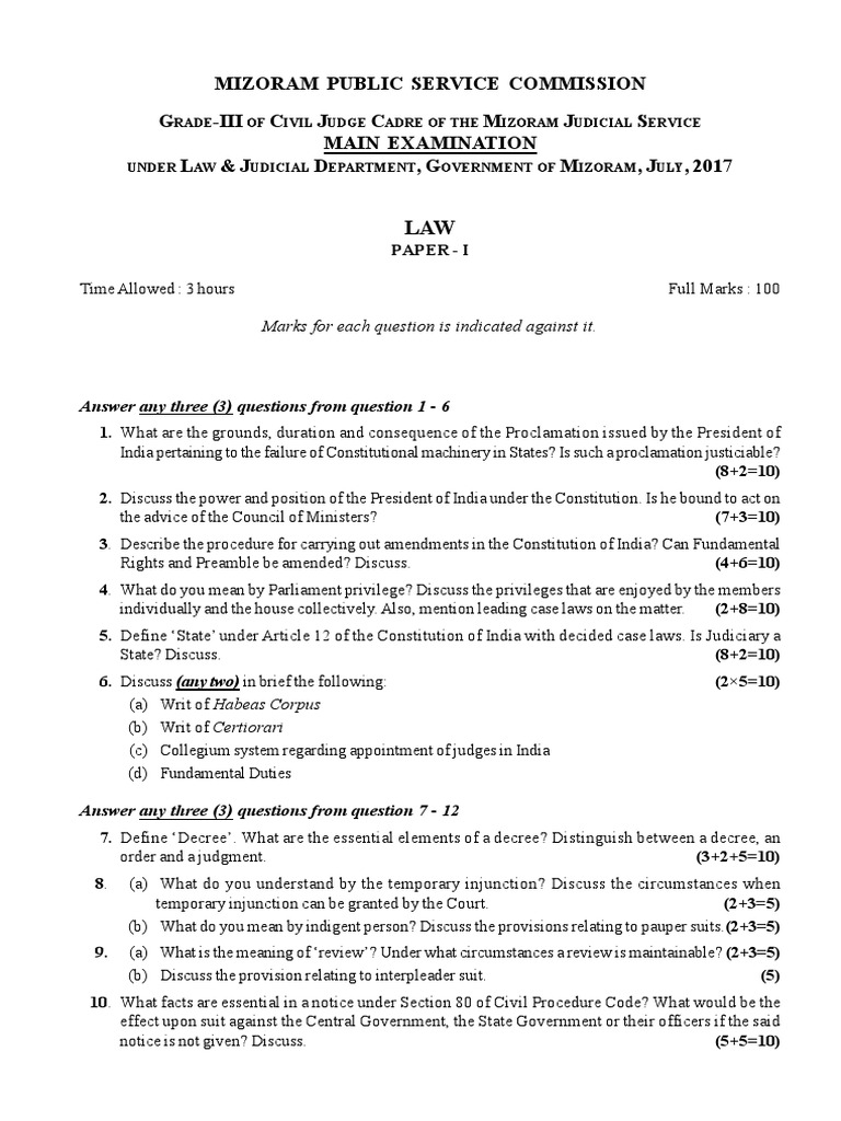 Mizoram Civil Judge Exam Paper 2017 | PDF | Lawsuit | Constitution
