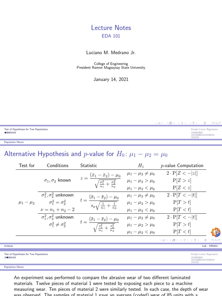 2020-2021 EDA 101 Lectures (Test of Hypothesis of Two Population ... 2020-2021 EDA 101 Lectures (Test of Hypothesis of Two Population ...